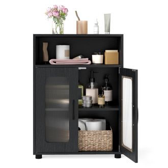 Costway Badezimmerschrank, freistehender Badschrank mit 2 T&uuml;ren & 3-stufig verstellbarem Regal, Aufbewahrungsschrank mit offenem Fach & erh&ouml;hten Beinen, f&uuml;r W