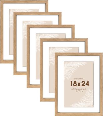 Wackadoo Bilderrahmen 5er Set 18x24 cm Eiche Fotowand Fotorahmen mit Glas Picture frame Holz mit Passepartout 13x18 cm