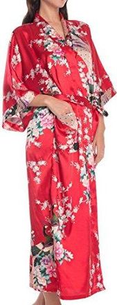 Feoya Femmes Kimono Peignoir Pyjama Longue Imprimé Paon Elégante - Robe de Nuit de Bain de Chambre Soie Artificielle - Rouge - Taille L