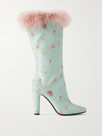 Valentino Garavani Bottes En Cr&ecirc;pe Imprim&eacute; &Agrave; Finitions En Plumes Hotty 100 - Bleu