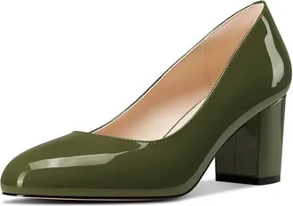 Castamere Femmes Mi Bloc Chunky Talon Heel Fermé Rond Bout Classique Escarpins Slip-on Dress Décontracté Chaussures 6.5 CM Heels Vert Olive 43 EU