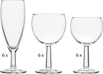 Pasabahce Banquet Set 18 Calici in Vetro. Composto da 6 Calici Acqua cl 19,5, 6 Calici Vino cl 15,2, 6 Calici Flöte cl 15,5 cl