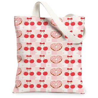 Generic Joli sac fourre-tout en toile motif de cerises et de beignets amusants, r&eacute;utilisables, l&eacute;gers et lavables avec bandouli&egrave;re, p&ecirc;che, 13x15 Inch
