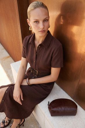 Trendyol Midi Hemdblusenkleid, kurz, tailliert - Braun