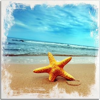 Wallario Wandbild aus Holz Seestern am Strand am Meer - 40 x 40 cm in Premium-Qualität: Brillante Farben