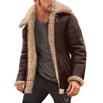 Generic Wildleder Mantel Herren Gef&uuml;ttert Wildlederjacke L&auml;ssige Lederjacke mit Taschen M&auml;nner Felljacke Cowboy Jacke Vintage Leder Fliegerjacke Retro Winterj