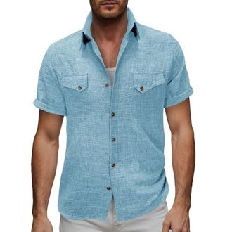 Generic Chemise en lin boutonn&eacute;e &agrave; manches courtes pour homme - Couleur unie - Deux poches - Chemise de travail urbaine &eacute;l&eacute;gante vintage d&eacute;contract&eacute;e et de tr