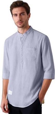 Generic Chemise en lin &agrave; manches 3/4 pour homme, chemise d&eacute;contract&eacute;e unie intelligente Henley d&eacute;contract&eacute;e classique avec poche, hauts &agrave; col tendance, v&ecirc;teme