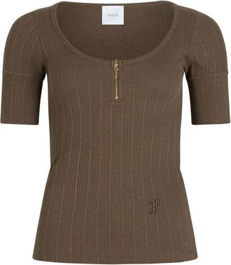 Patou Femme, Tops, Brun, Taille: 36 FR T-shirt zipp&eacute; &agrave; col ovale