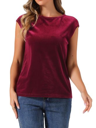 Allegra K Damen Samt Bluse Oberteil Fl&uuml;gel&auml;rmel B&uuml;ro L&auml;ssig Basic Rundhals T-Shirt Burgund XS
