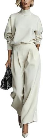 Generic Ensemble de 2 pi&egrave;ces en velours pour femme - Col roul&eacute; - Style d&eacute;contract&eacute; - Couleur unie - Pantalon large - Ensemble de deux pi&egrave;ces en velours - Pour