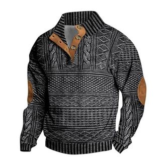 Generic DENGJIAMY Sweat-shirt vintage à manches longues pour homme avec boutons et coudières Col montant Imprimé Polo Pull pour homme, Z11 Noir, XXL