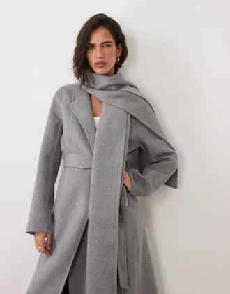 Forever New manteau long &agrave; ceinture et d&eacute;tail &eacute;charpe en m&eacute;lange de laine gris