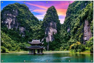 Wallario Outdoor-Poster f&uuml;r Garten oder Balkon Pavillon zwischen Felsen, Motivbanner Gr&ouml;&szlig;e: ca. 120 x 180 cm, Outdoor-Bild