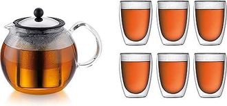 Bodum 1802-16 - Assam - Théière à Piston en verre - Filtre et Couvercle inox - 1.5 L & 4559-10-12 - Pavina - Coffret de 6 Verres Double Paroi - 36 cl, Trans