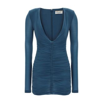 Saint Laurent Cupro Jersey V-Ausschnitt Kleid - - Dresses - Damen - Blau - S