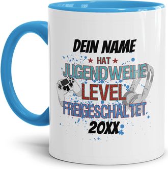 Tassendruck Personalisierte Jugendweihe-Tasse mit Jahr und Name - Level - Jugendweihe Geschenk mit Name personalisiert, Namenstassen | 300 ml, Innen & Henkel Hell