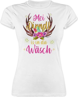 Shirtracer Shirt Damen - Kompatibel mit Oktoberfest - MEI Dirndl is in da W&auml;sch - Hirschgeweih - S - Wei&szlig; - der trachtenshirt bayrische Hirsch Tshirt Trachten tr