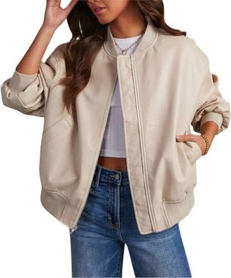 ORANDESIGNE Veste de Motard Surdimensionnée en Similicuir pour Femme Leather Blazer Manteau Fermeture éclair Oversize Jacket Veste Bomber en Cuir B Blanc S