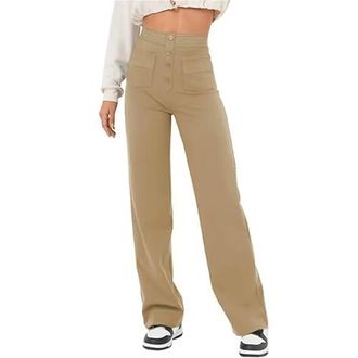 Generic Pantalon de travail extensible taille haute avec boutons pour femme, jambe droite, d&eacute;contract&eacute; et extensible, kaki clair, XXL