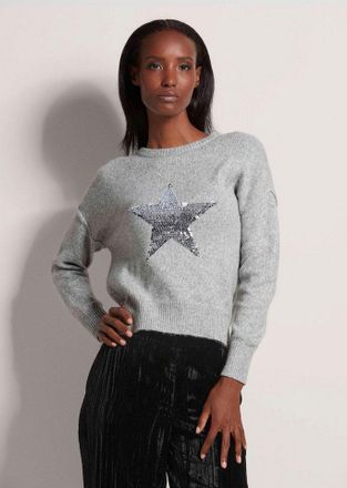Madeleine Strickpullover Rundhals-Pullover mit Applikation Uni-Design mit klassischem Rundhalsausschnitt und Langarm