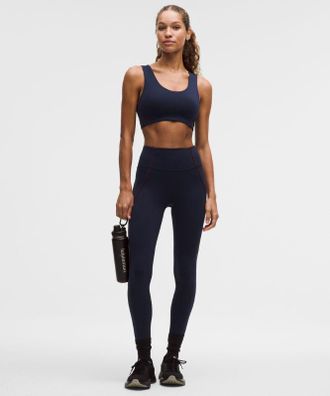 lululemon Wunder Train No Line Leggings mit hohem Bund und Paspelierung f&uuml;r Frauen - 64 cm - Gr&ouml;&szlig;e 10 in True Navy/Burgundy Bay