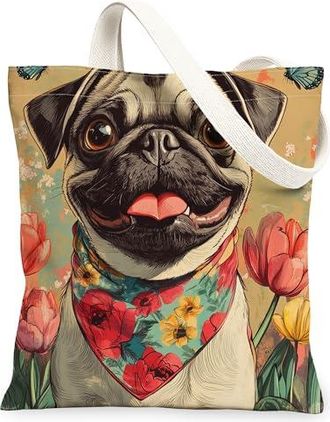 Generic Sac fourre-tout en toile motif carlin printanier pour le shopping, 33 x 38,1 cm, motif floral vintage, sac d&eacute;picerie r&eacute;utilisable pour femme, peinture