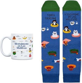 UO Set aus Tasse Erde tragisch mir und spucken Sie mich auf den Malediven, Kaffeetasse und lustige Socken, originelle Geschenke f&uuml;r Herren, Einheitsgr&ouml;&szlig;e