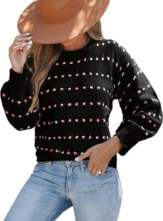 Cupshe Womens Sweaters Rainbow Dots Long Sleeve Sweater Crewneck Lightweight Knit Pullover Sweater Tops Black L