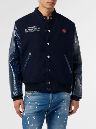 Philipp Plein Blouson bomber Varsity en drap de laine avec manches en cuir de veau