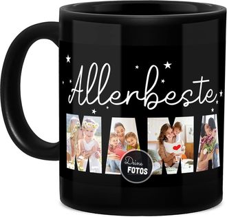 Tassendruck Schwarze Tasse mit Spruch - Allerbeste Mama - zum selbst gestalten mit Foto-Collage für 4 Fotos, Geschenk für Mama, Muttertag | 300 ml, personalisiert