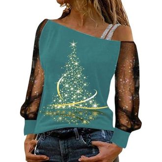 Generic T-Shirt Féminin Décontracté à épaules dénudées en Dentelle avec Manches Longues élégant Chemisier pour Un Quotidien Confortable et Polyvalent (Mint Gr