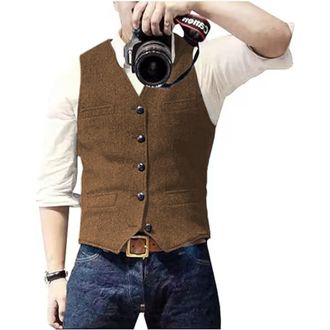 Solovedress Herren Casual Wolle Fischgr&auml;tmuster Anzug Weste V-Ausschnitt Tweed Weste f&uuml;r Hochzeit Groomsmen(Braun,XXXL