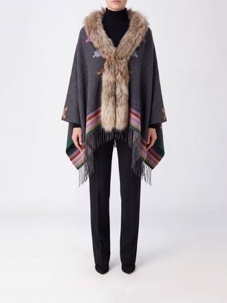 Bazar Deluxe Cape en laine jacquard avec col en fourrure et ourlet &agrave; franges