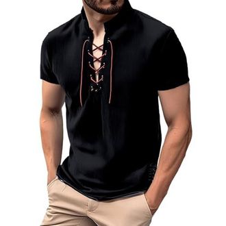 Generic T-shirt en lin &agrave; manches courtes pour homme - Style hippie - D&eacute;contract&eacute; - Plage - Col montant, Noir, XXL