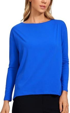 CRZ YOGA Femme Coton Pima Col Rond Confort T-Shirt de Sport Yoga Fitness Athlétique à Manches Longue Bleu Fort 42