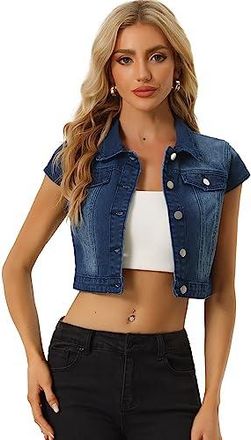 Allegra K Veste en Jean Femme Été Manches Courtes Boutonnage Avant Col Rabattu Bleu foncé L