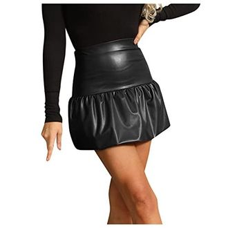 Generic Jupe bouffante en cuir synth&eacute;tique pour femme - Taille haute - Robe pleine ventre et jupe grande taille - Jupe unie sexy et &eacute;l&eacute;gante, Noir, XXL