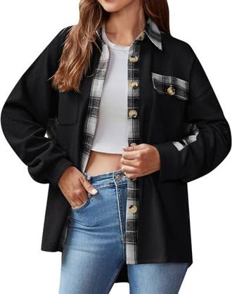 Generic Vestes pour femmes 2026 Mode d&eacute;contract&eacute;e en tricot &agrave; carreaux avec boutons pour petit ami Veste ample &agrave; manches longues, Noir, M