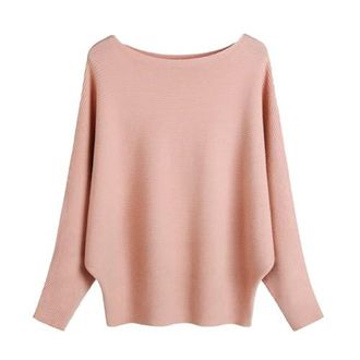 Generic Pull en tricot &agrave; manches chauve-souris et col bateau pour femme - Automne et hiver - Long pull chaud en tricot c&ocirc;tel&eacute;, rose, Taille unique