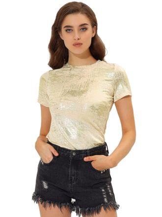 Allegra K Damen Weihnachten Sexy Metallic Party Top Outfit Festival Glitzer Kurzarm Rundhals T-Shirt Oberteil Bluse Hell Gold L