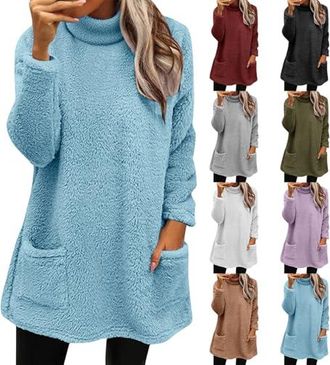 Generic Sweat-shirt &agrave; col roul&eacute; en polaire pour femme, grande taille, col montant, pull pelucheux automne et hiver, chaud et moelleux, pull ample &agrave; manches lo