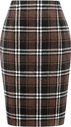 Minetom Femme Plaid Jupe Moulante Au Genou &Agrave; Taille Haute Bodycon Droite Avec Fente Arri&egrave;re Tartan Business A Caf&eacute; L