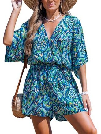 Cupshe Combinaison Femme Col V Lacets Romper Imprim&eacute; L&eacute;opard Manches Dolman Jambes Courtes Larges D&eacute;contract&eacute;e Combinaison-Short Globale, S