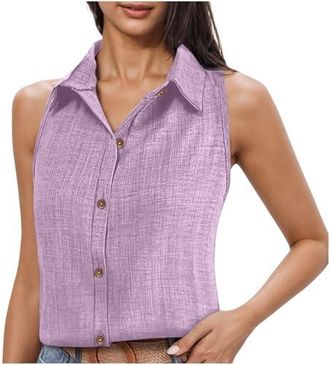 Generico Blouse Lin Femme Respirant Classique Casual Tunique Élégant Léger Été Col en V Chemisier Fantaisie Bureau avec Boutons Tricot Tees Manches Courtes Vac