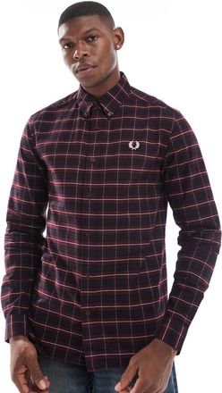 Fred Perry Langärmliges Oxford-Hemd in Dunkelrot mit Schottenkaro