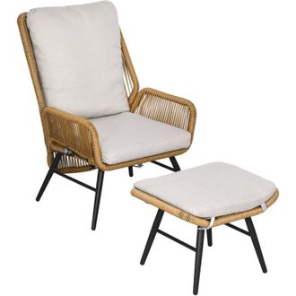OUTSUNNY Rattan Relaxsessel mit Fu&szlig;hocker Gartensessel mit verstellbarer R&uuml;ckenlehne Outdoor Rattanstuhl mit Kissen f&uuml;r Garten, Balkon, Stahl, Polyester Natur