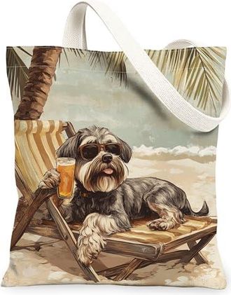 Generic Sac fourre-tout amusant en toile motif schnauzer pour faire du shopping, 33 x 38,1 cm, sac &agrave; bandouli&egrave;re r&eacute;utilisable pour femme, peinture danimaux do