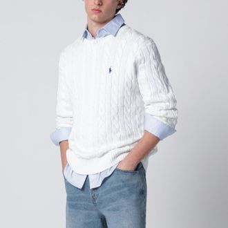 Polo Ralph Lauren Wei&szlig;er Baumwollpullover mit Zopfmuster