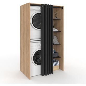 IDMarket Meuble de buanderie double machine &agrave; laver avec rideau coulissant wallis h&ecirc;tre et noir